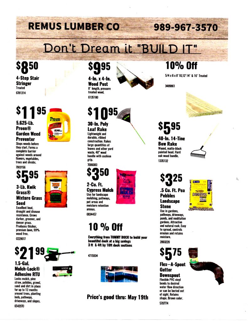 On Sale thru May 19th | Remus Lumber Company